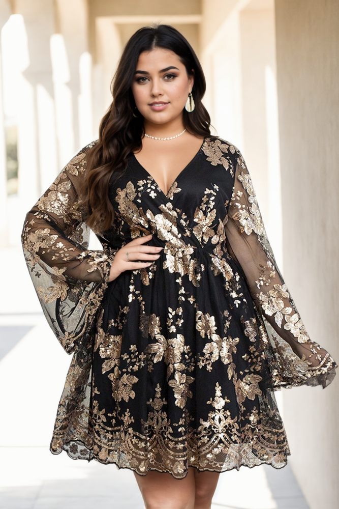 Jade Plus Size Gold Long Sleeve Party Dress– Hello Curve