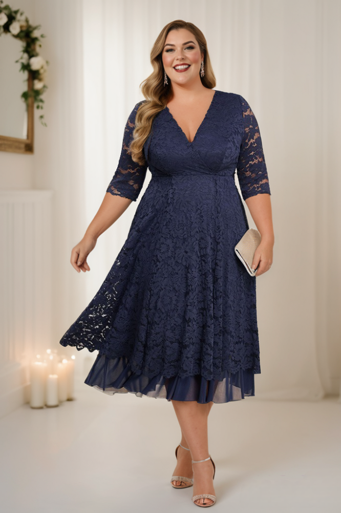 Nalini Plus Size Navy Lace Wrap Dress– Hello Curve