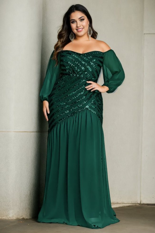 Sylvia Plus Size Off Shoulder Long Sleeve Evening Dress– Hello Curve
