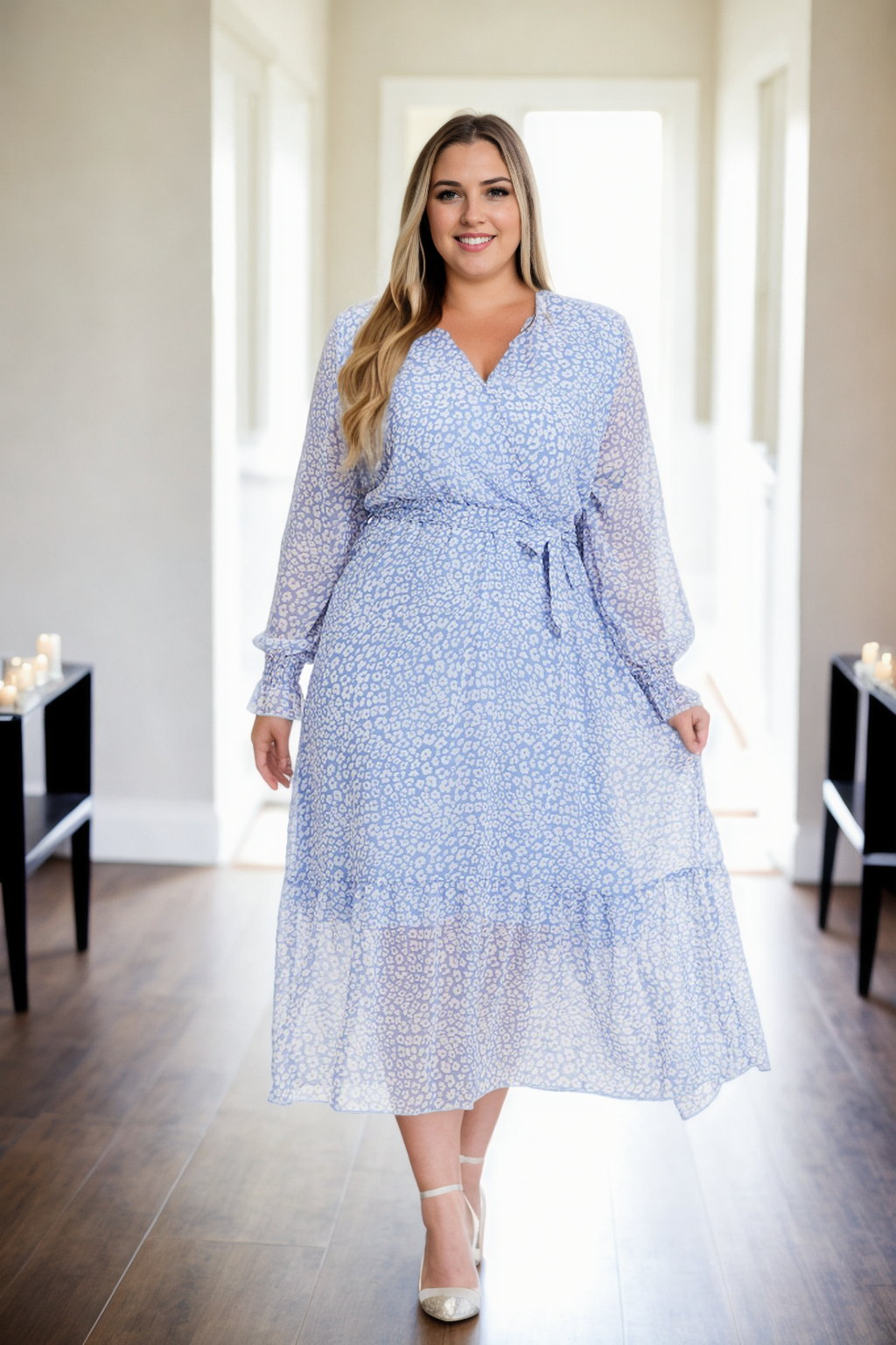 Melody Plus Size Pastel Floral Wrap Long Sleeve Midi Dress– Hello Curve