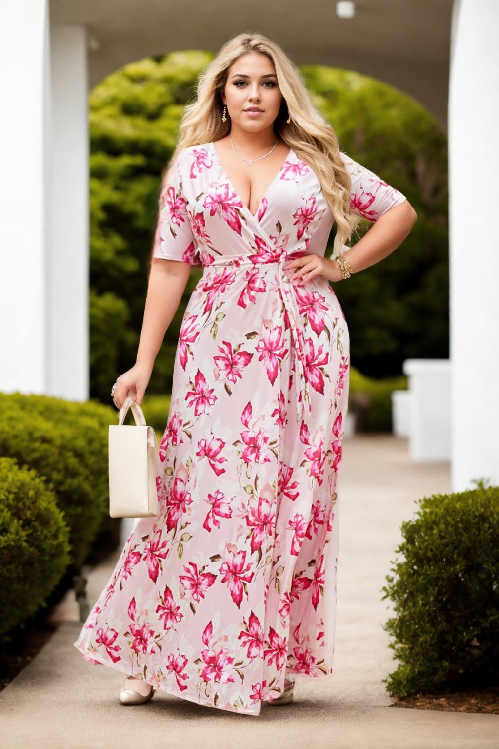 Fern Plus Size Pink Lily Flowers Wrap Maxi Dress– Hello Curve