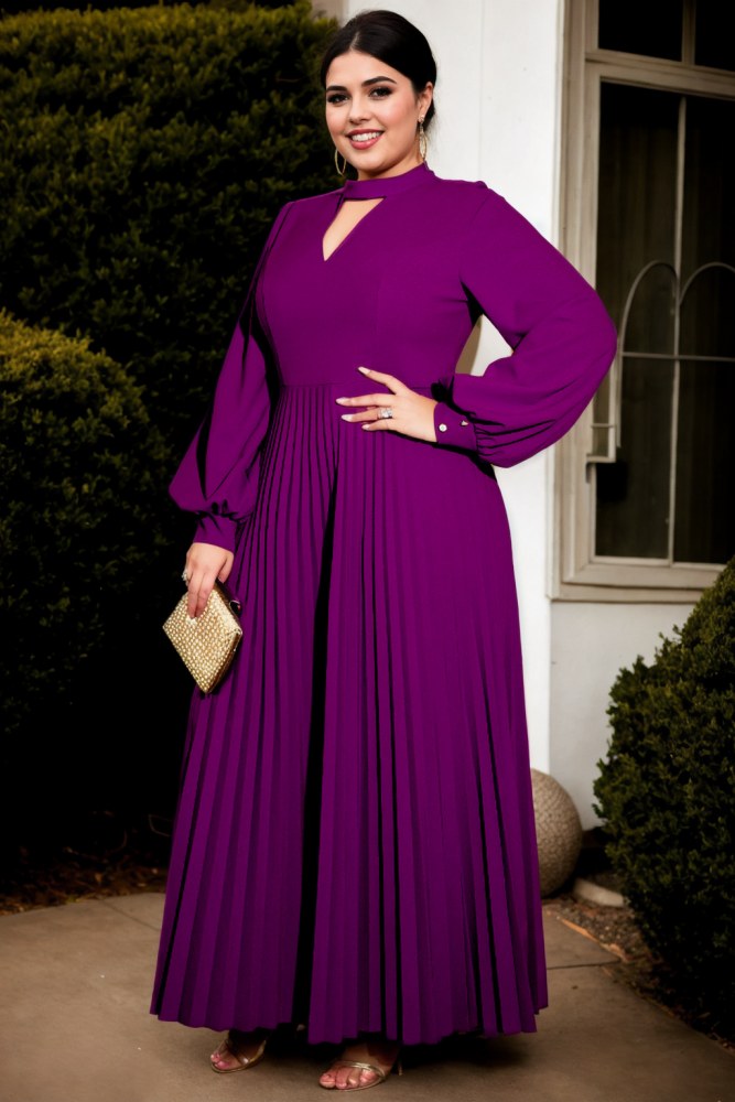 Bria Plus Size Formal Pleat Long Sleeve Maxi Dress– Hello Curve