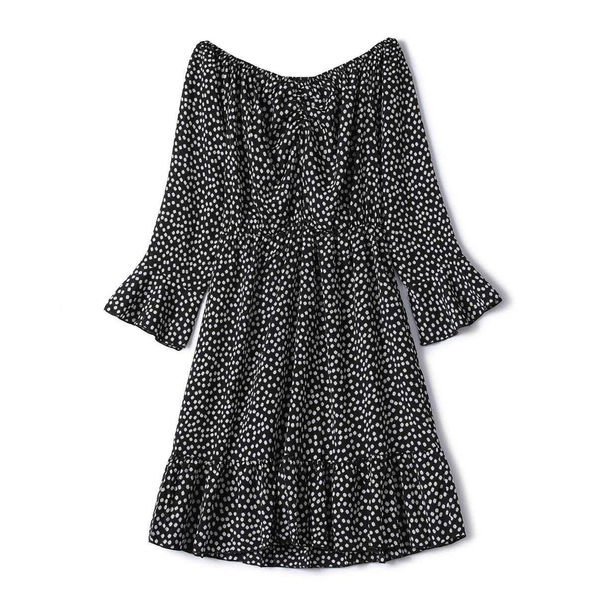 Ari Plus Size Black Ditsy Floral Off Shoulder Dress– Hello Curve