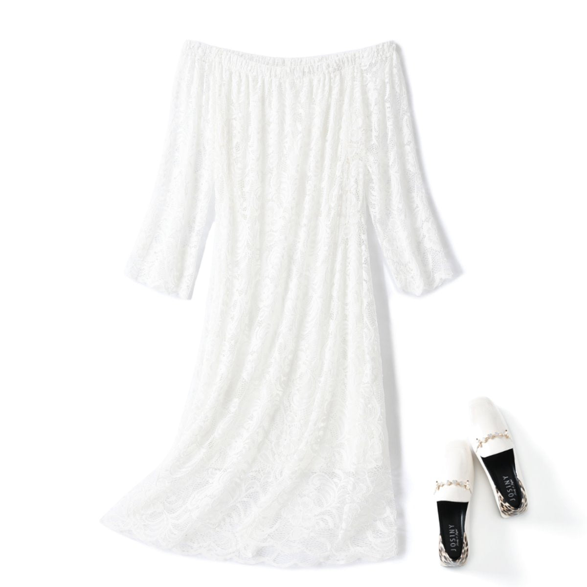 Enrika Plus Size Off The Shoulder White Lace Midi Dress– Hello Curve