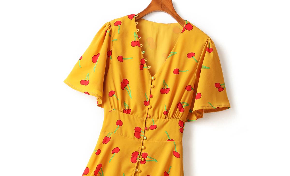 Linda Plus Size Cute Cherry Print Yellow V Neck Short Sleeve Dress ...